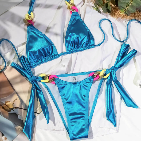 Silky Satin Chunky Chain Tie Strap Triangle Brazilian Two Piece Bikini Brazilian Bikini Swimsuits