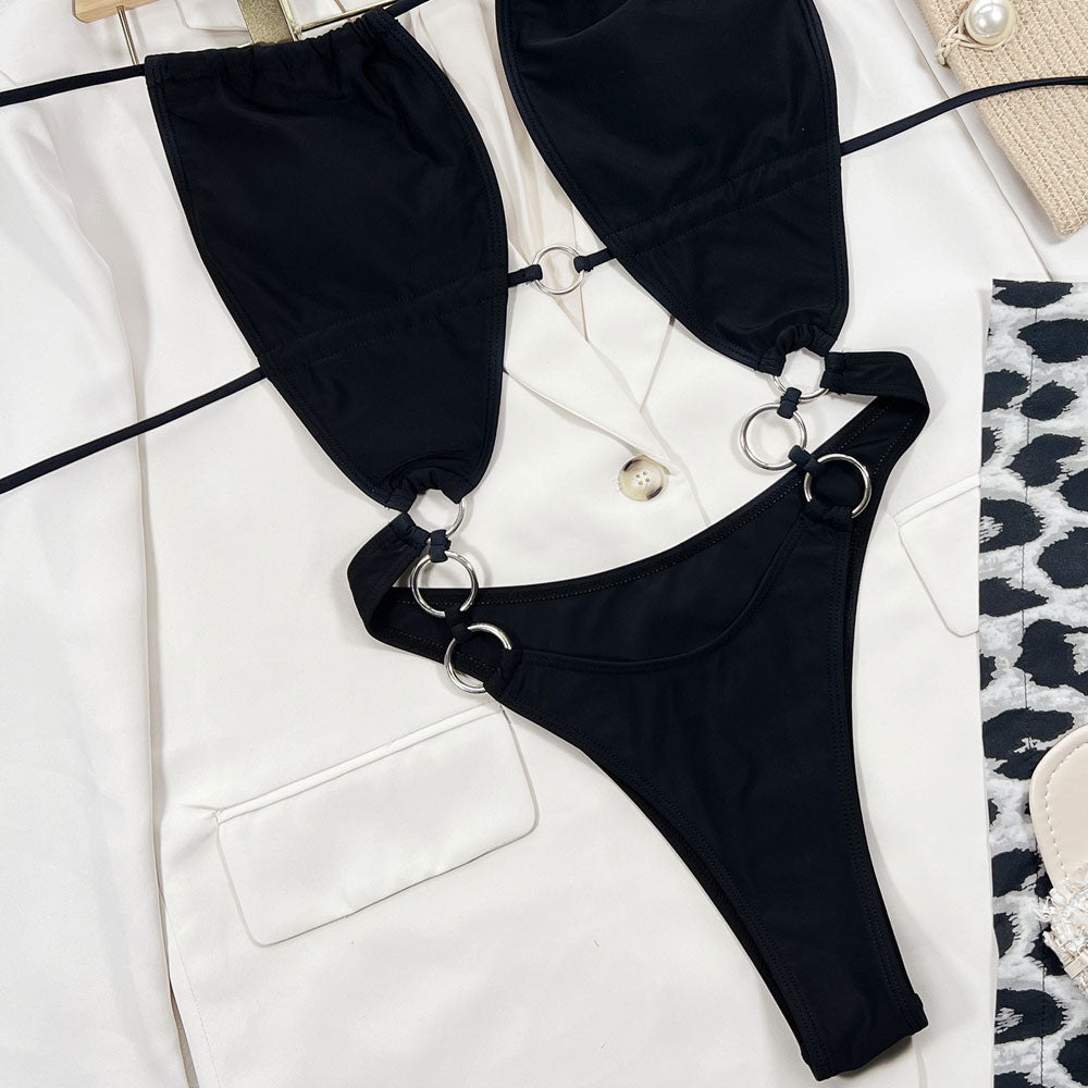 Sexy High Cut O Ring Cut Out Halter Low Back Brazilian One Piece Swims
