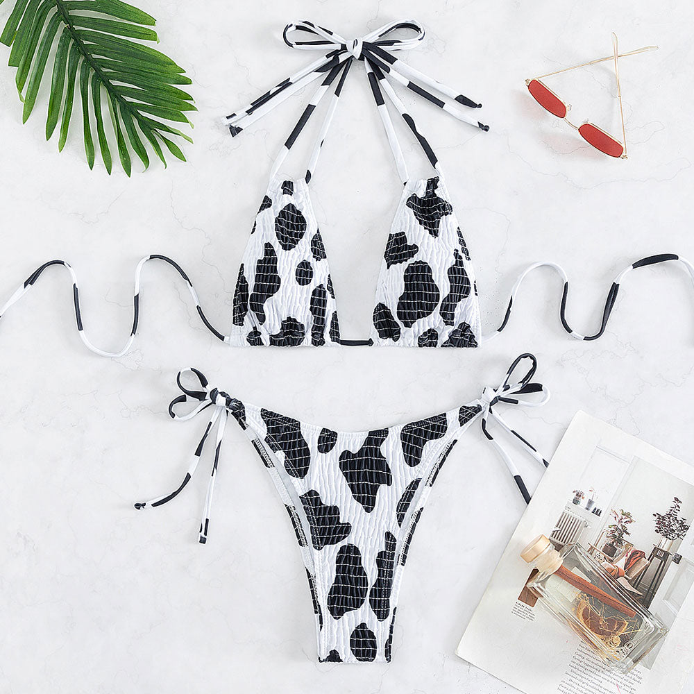 Sexy Cow Print Tie String Shirred Triangle Halter Brazilian Two Piece