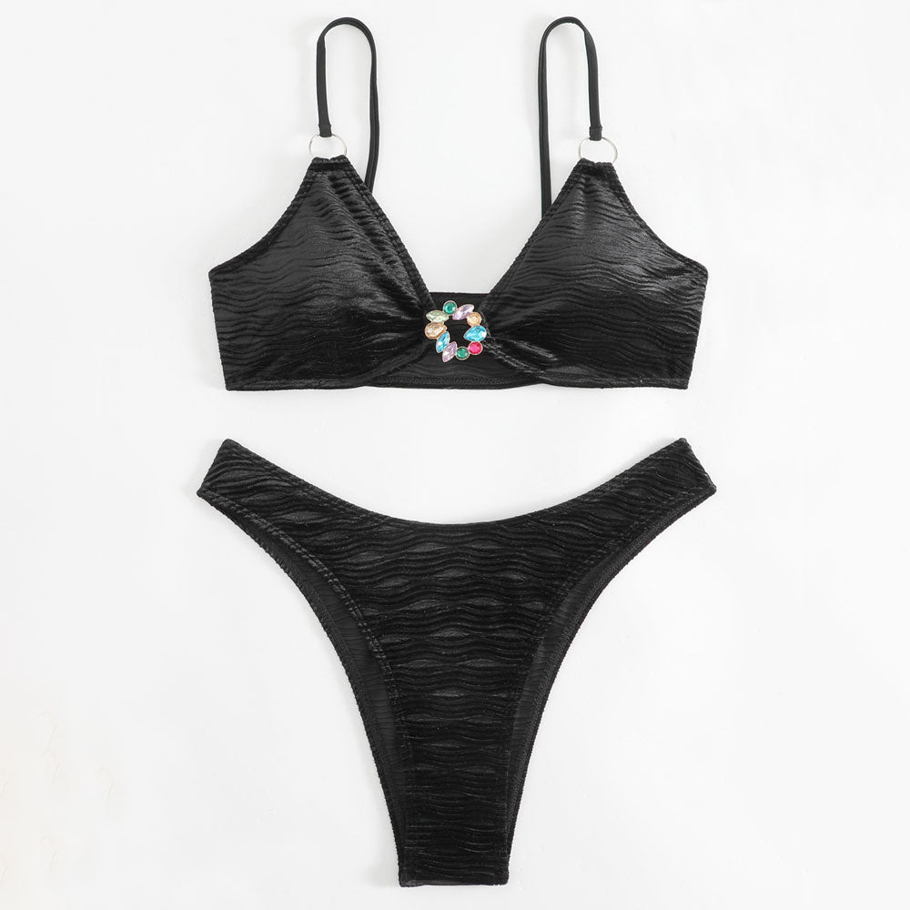 Sparkly Crystal O Ring High Cut Cheeky Ribbed Brazilian Two Piece Biki