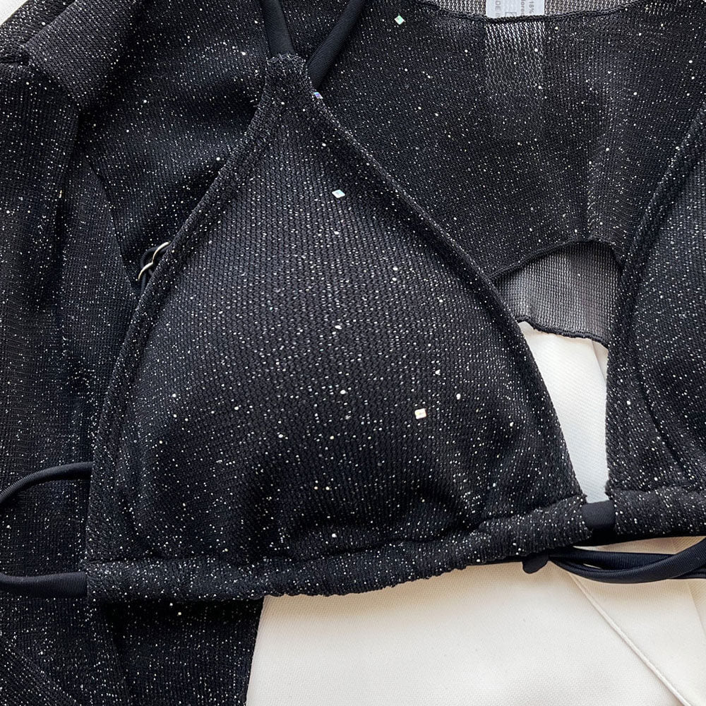 Glitter Long Sleeve String Slide Triangle Brazilian Three Piece Bikini