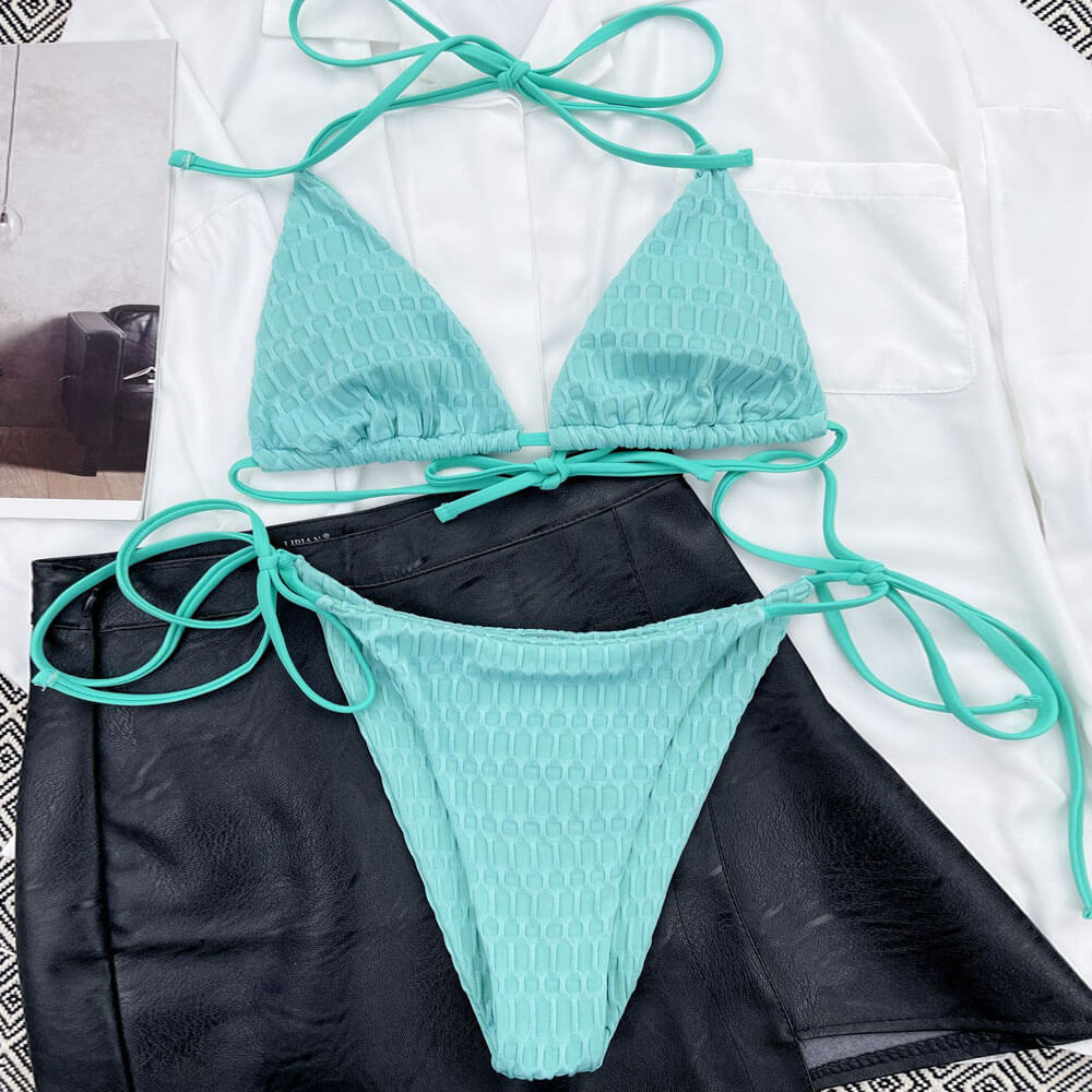 Stylish Textured Tie String Slide Triangle Brazilian Two Piece Bikini