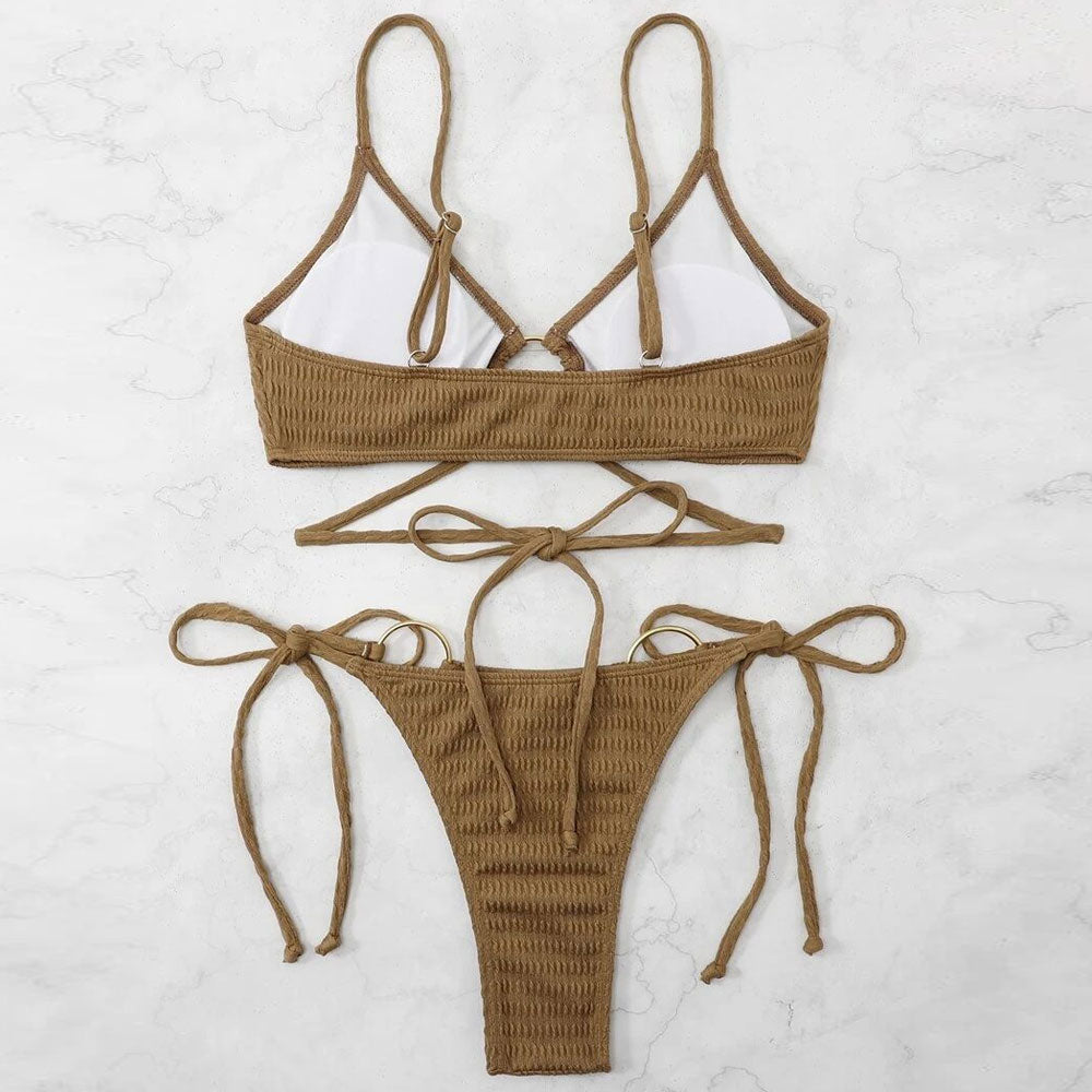 Vintage Textured Tie String O Ring Brazilian Two Piece Bikini Swimsuit