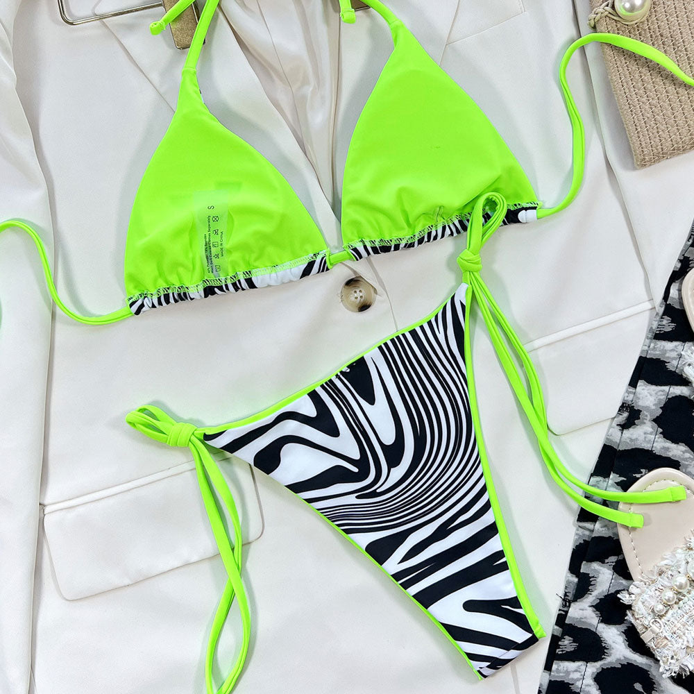 Wild Zebra Print Tie String Slide Triangle Brazilian Two Piece Bikini